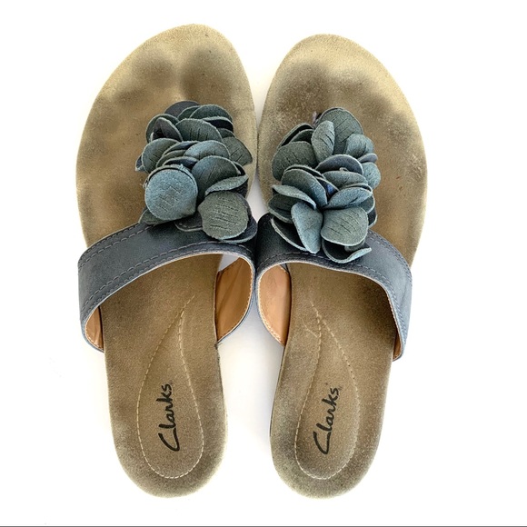 Clarks | Shoes | Clarks Blue Leather Floral Thong Slip On Sandals ...